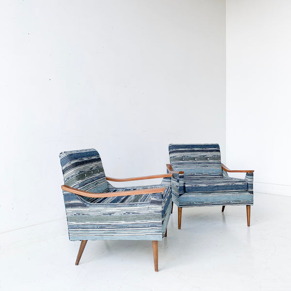 Pair of Mid Century Lounge Chairs with New Indigo Striped Upholstery ...